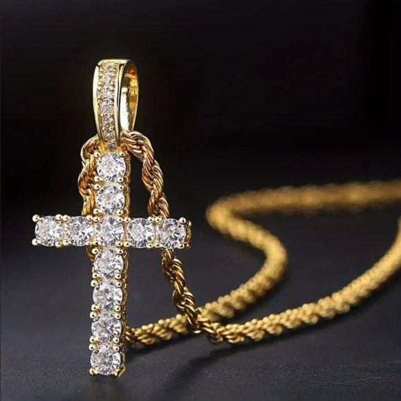 Accessories | Mens 2ct Diamond 14k Gold Cross Necklace 2 24 Rope Chain ...